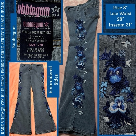 Bubblegum | Jeans | Vintage Y2k 78 Bubblegum Skinny Flare Jeans Floral Blue Embroidery Down ...
